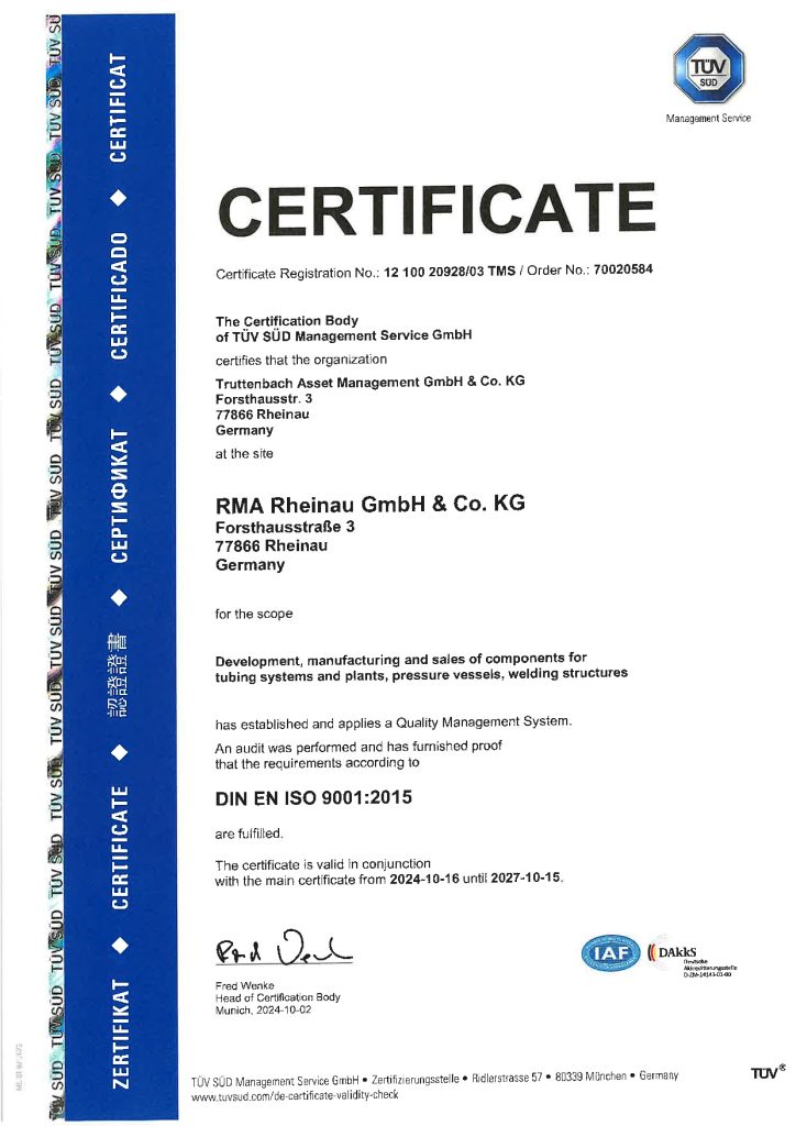 ISO 9001 Rheinau - RMA Pipeline Equipment