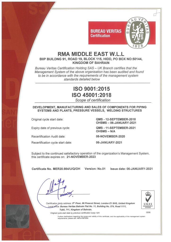 ISO9001 & 45001 IMS Certificate - RMA Pipeline Equipment