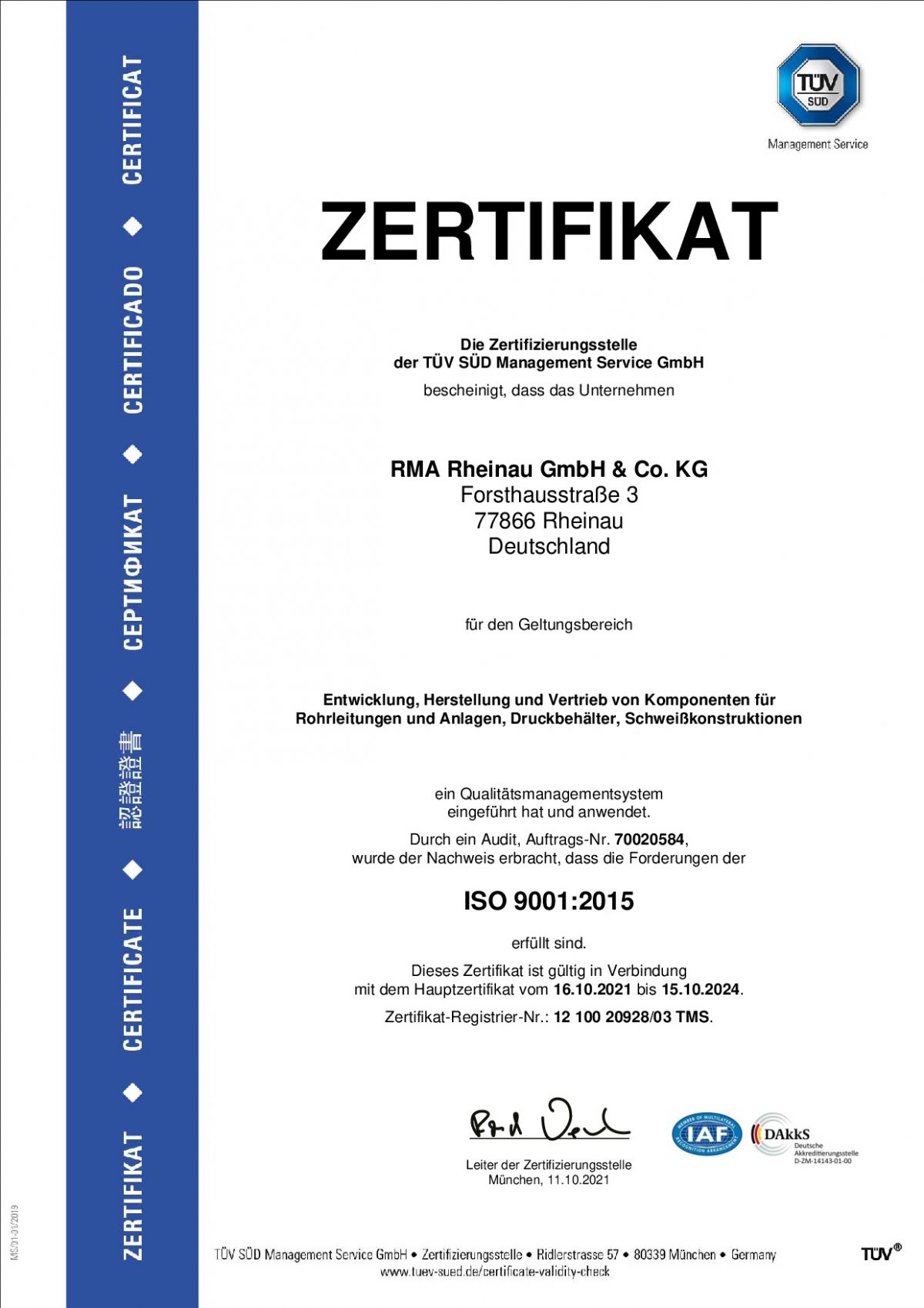 Zertifikate - RMA Pipeline Equipment