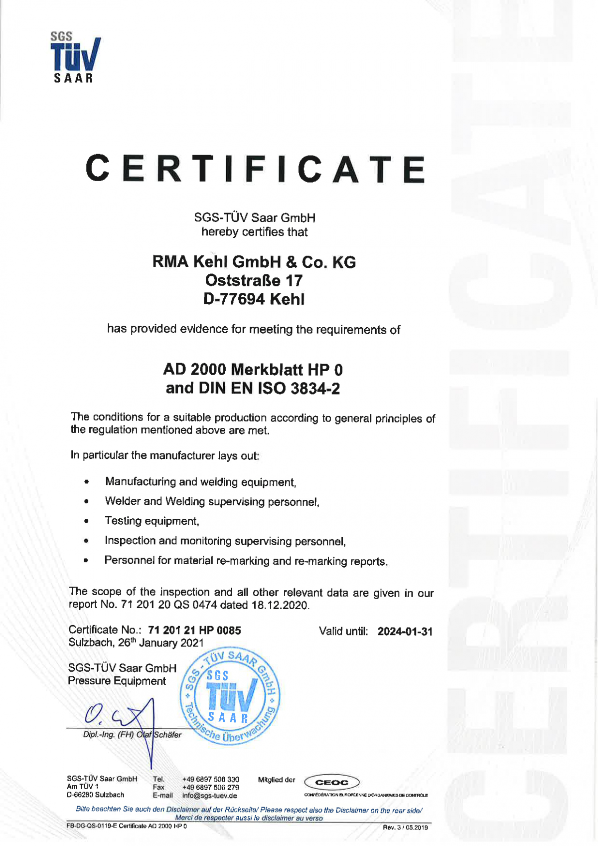 Certificates - RMA Pipeline Equipment