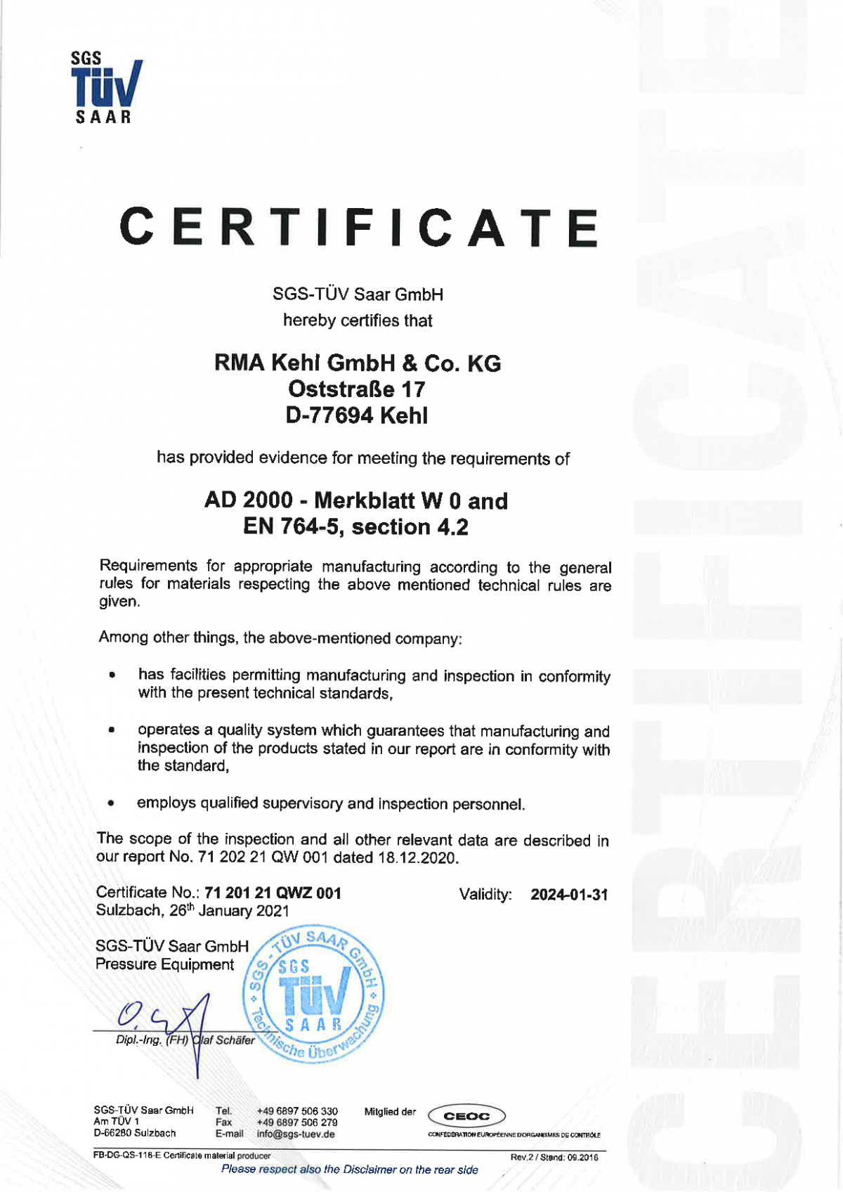 Certificates - RMA Pipeline Equipment